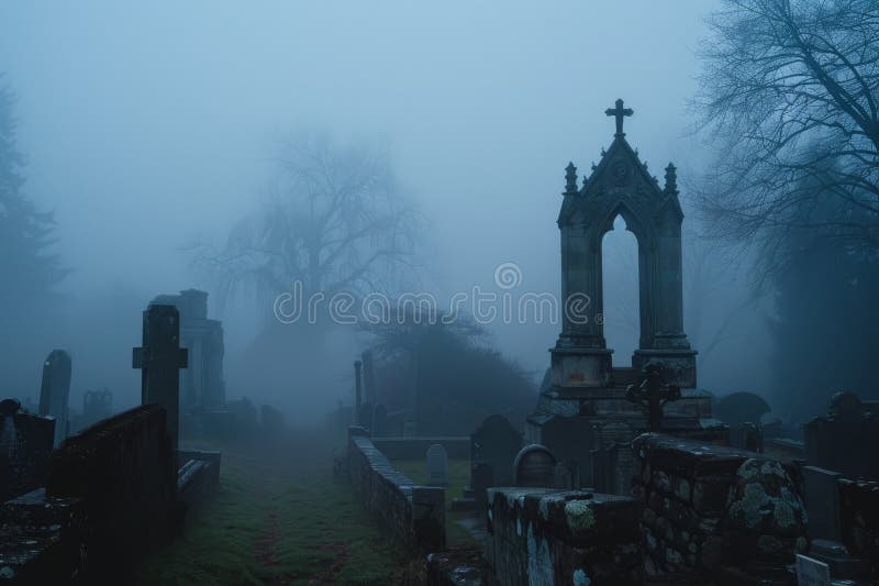 A Cemetery Engulfed in Dense Fog, Creating a Haunting Atmosphere ...