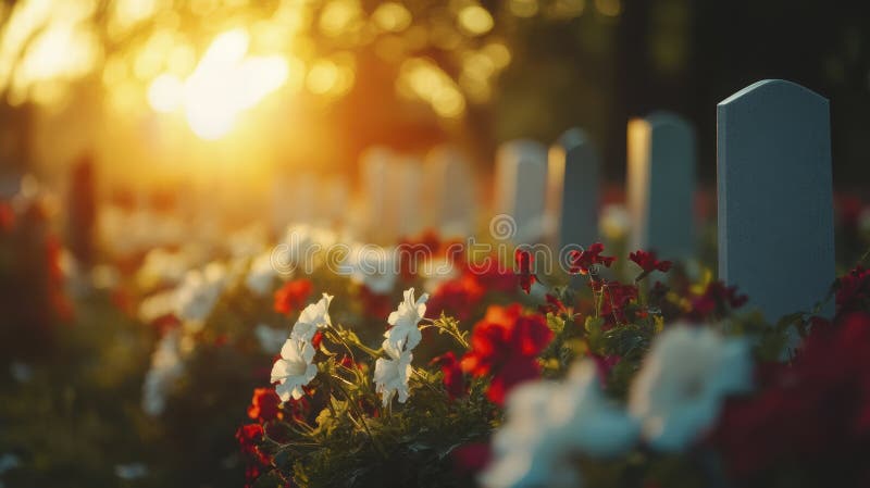 Cemetery Flowers Illuminated by Sunset Glow Stock Image - Image of ...