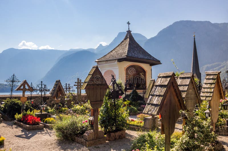 Cemetery in Hallstatt stock image. Image of clouds, mystic - 195639807