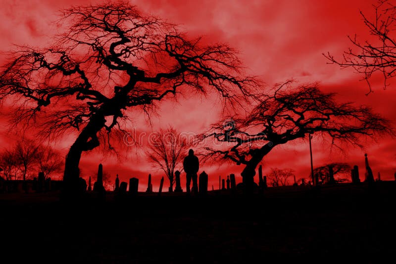 Cemetery with Hellfire Sky and Scary Trees. Stock Photo - Image of ...