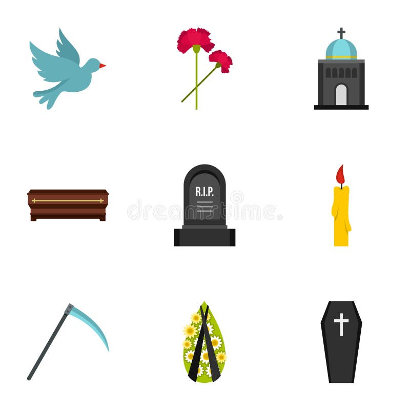 Cemetery Icons Set, Flat Style Stock Vector - Illustration of ...