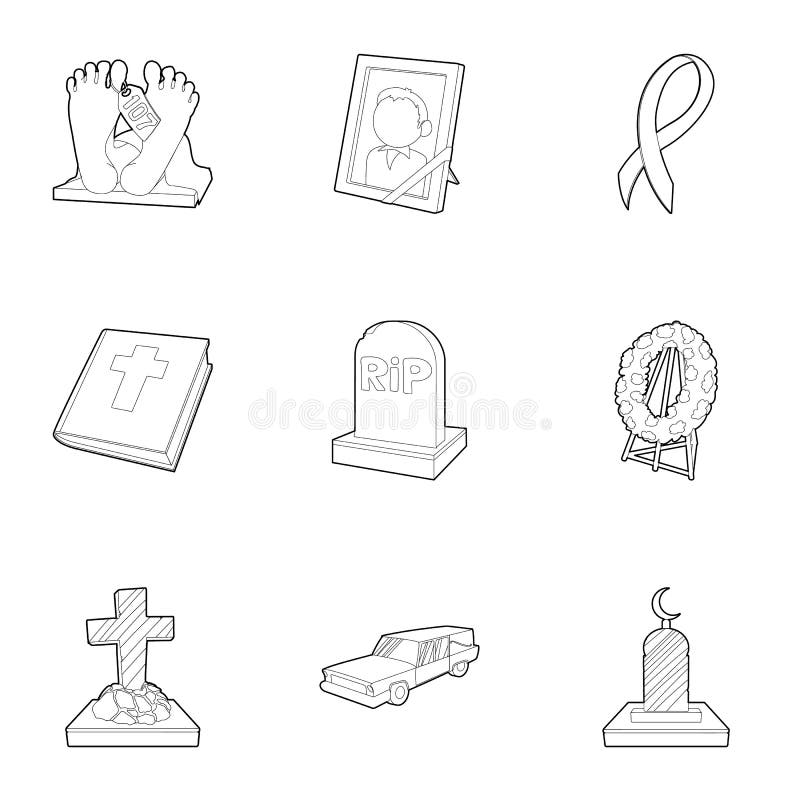 Cemetery Icons Set. Vector Black Funeral Icons. Flat Illustration Stock ...
