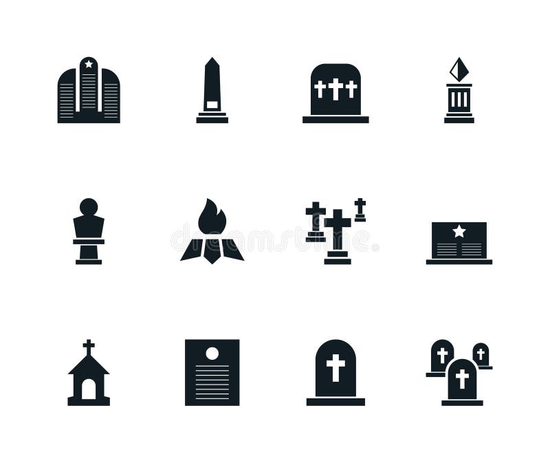Cemetery Icons Set. Vector Black Funeral Icons. Flat Illustration Stock ...