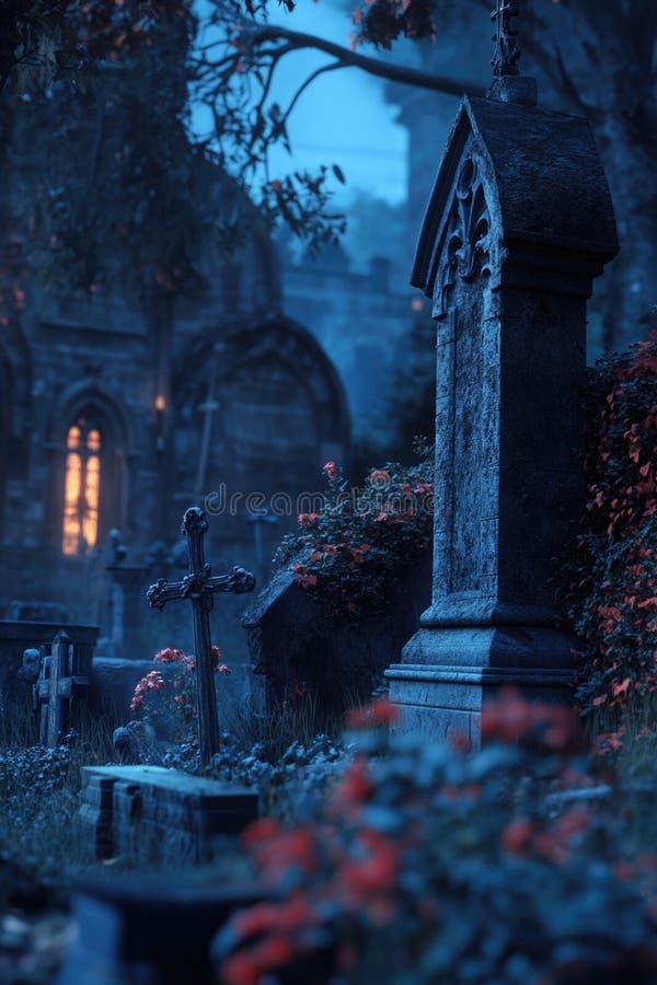 A Cemetery at Night with a Cross in the Foreground Stock Photo - Image ...
