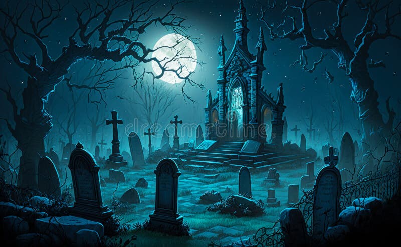 Cemetery at Night with Full Moon in the Background. Generative AI Stock ...