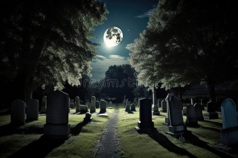 Cemetery at Night, with a Full Moon Shining Down on the Graves and ...