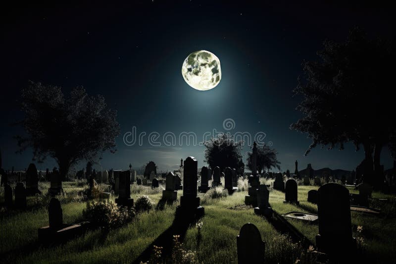 Cemetery at Night, with a Full Moon Shining Down on the Graves and ...
