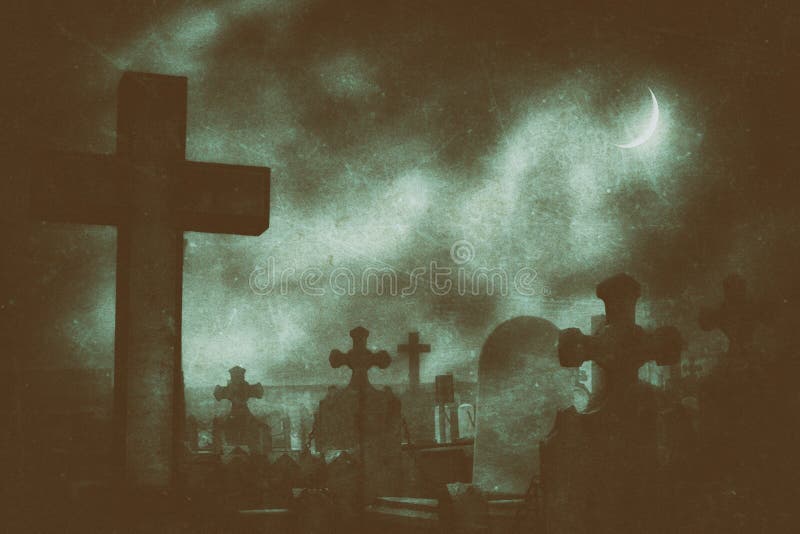 Cemetery at Night with Moonlight and Grungy Textures Stock Photo ...