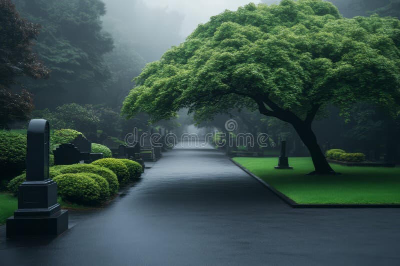 Cemetery Path Lined with Greenery and Tombstones Stock Photo - Image of ...