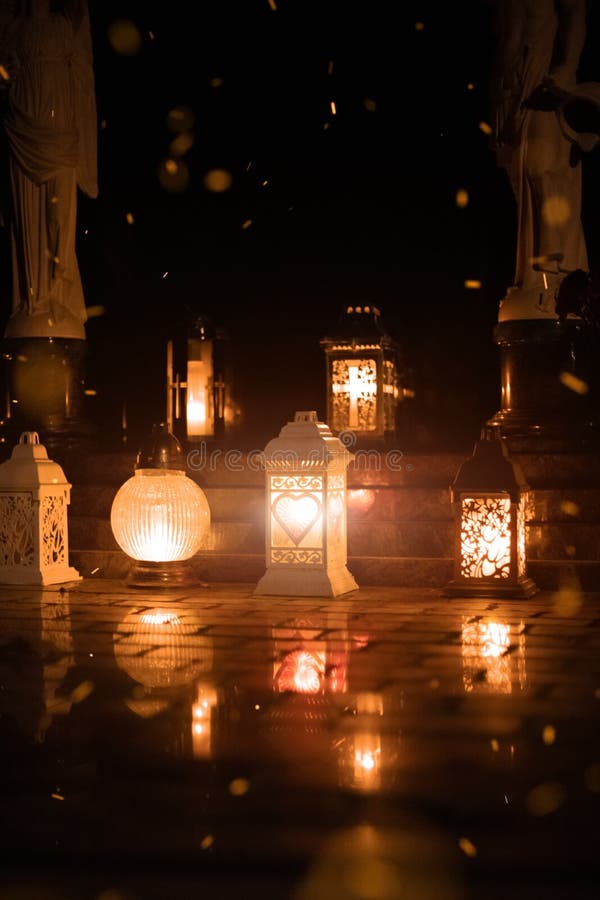 Cemetery Ritual Light Candle in Lamp Objects Fire Flame on Tombstone ...
