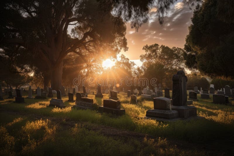 Cemetery, with the Sun Setting Behind the Headstones, Casting a Warm ...