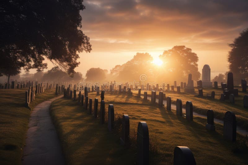 Cemetery at Sunrise, with Golden Rays Shining through the Clouds Stock ...