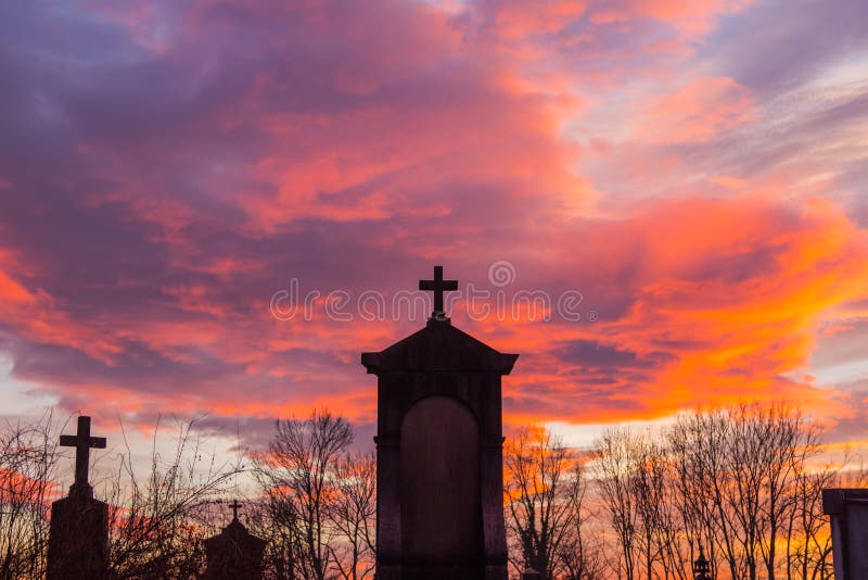 Cemetery sunset. stock image. Image of religion, church - 70445233