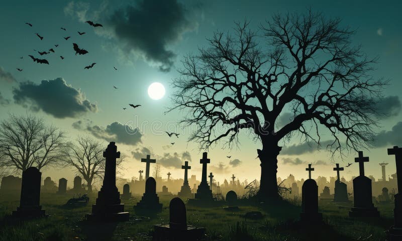 A Cemetery with a Tree in Front of it and a Moon in the Background ...