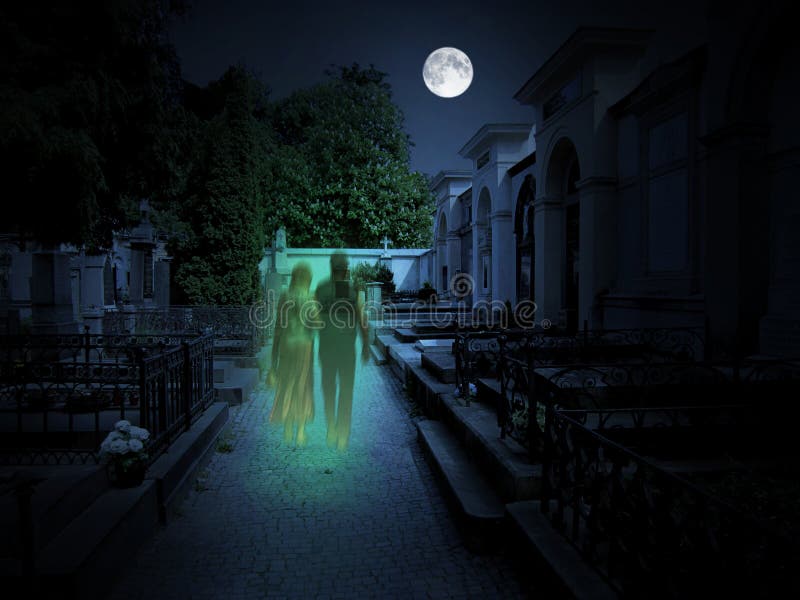 Cemetery with Two Ghosts in the Moonlight Stock Photo - Image of ...