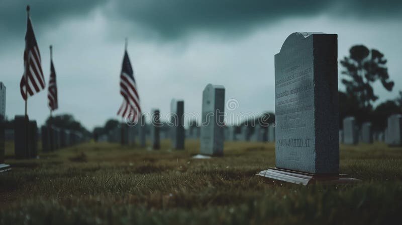 A Cemetery Filled with Graves and US Flags Under a Cloudy Sky Stock ...