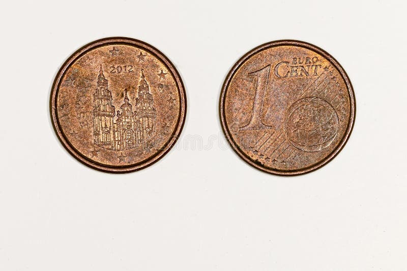 1 Cent Euro Coin on White Background, Obverse and Reverse. Stock Photo ...
