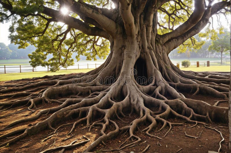 Centenarian Tree with Large Trunk and Big Roots Above the Ground Stock ...