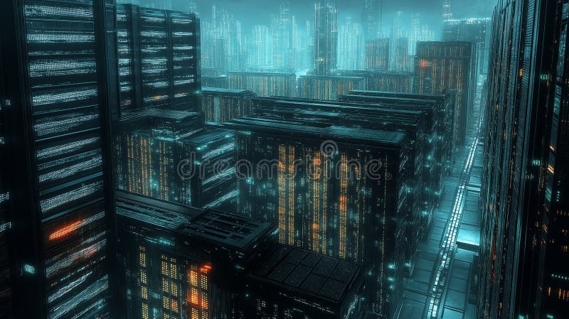 Center of the City Rises a Huge Data Center, Filled with Rows of ...