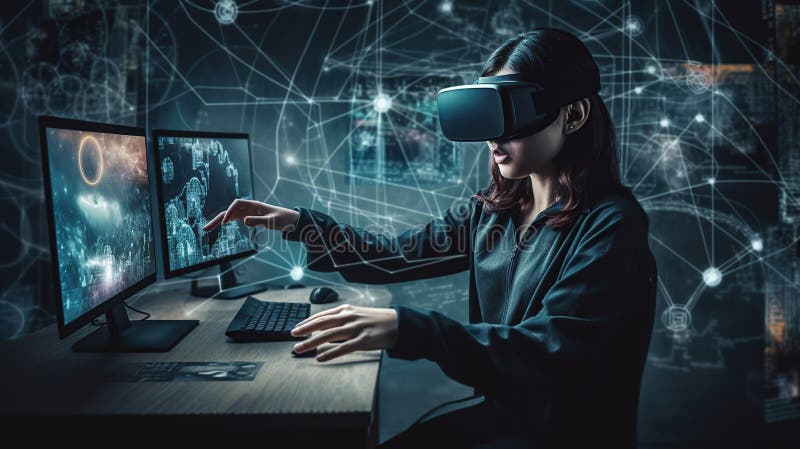 Woman Wearing a VR Headset and Holding a Controller, Immersed in a ...