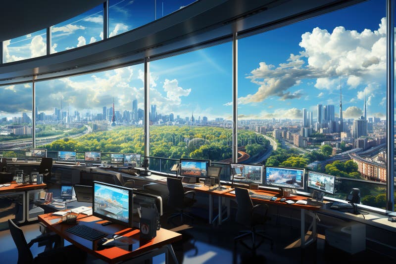 Center with Computers for Traffic Control in the City. Room Filled with ...