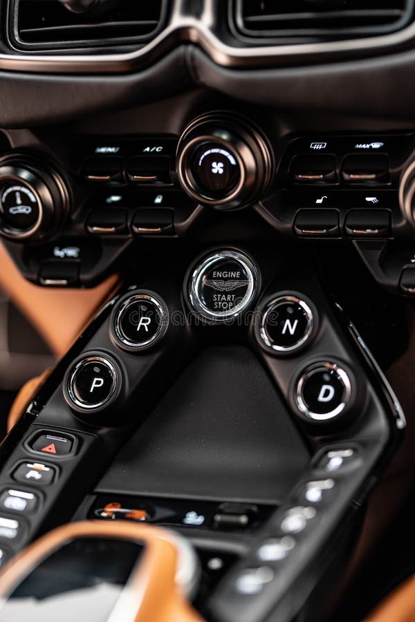 Center Console with a Gear Selector and the Engine Start Button of an ...