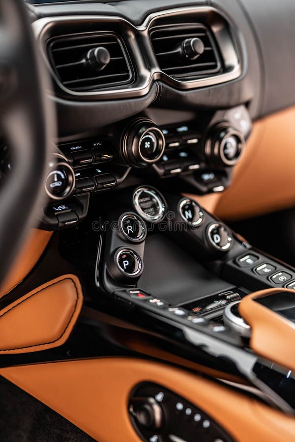 Center Console with a Gear Selector and the Engine Start Button of an ...