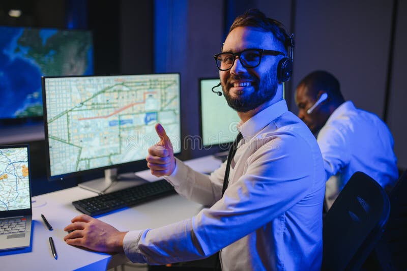 Center of Dispatching Maintenance. Portrait of Men Working Via Headset ...
