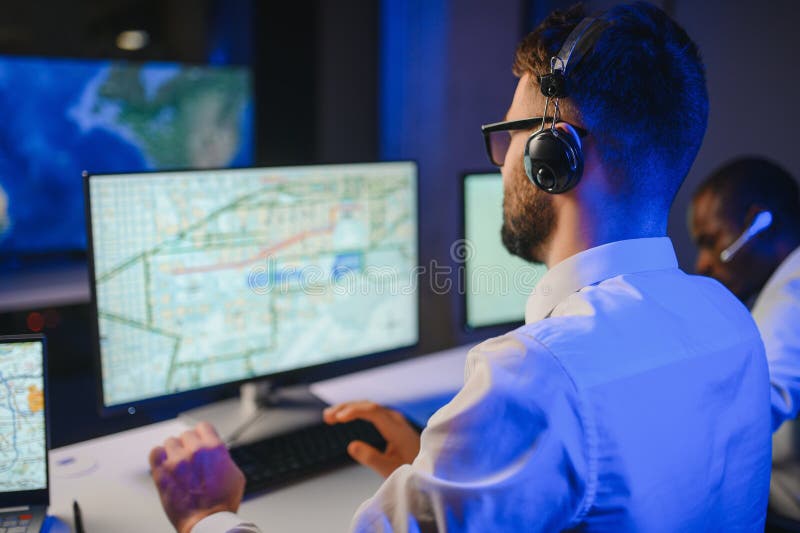 Center of Dispatching Maintenance. Portrait of Men Working Via Headset ...