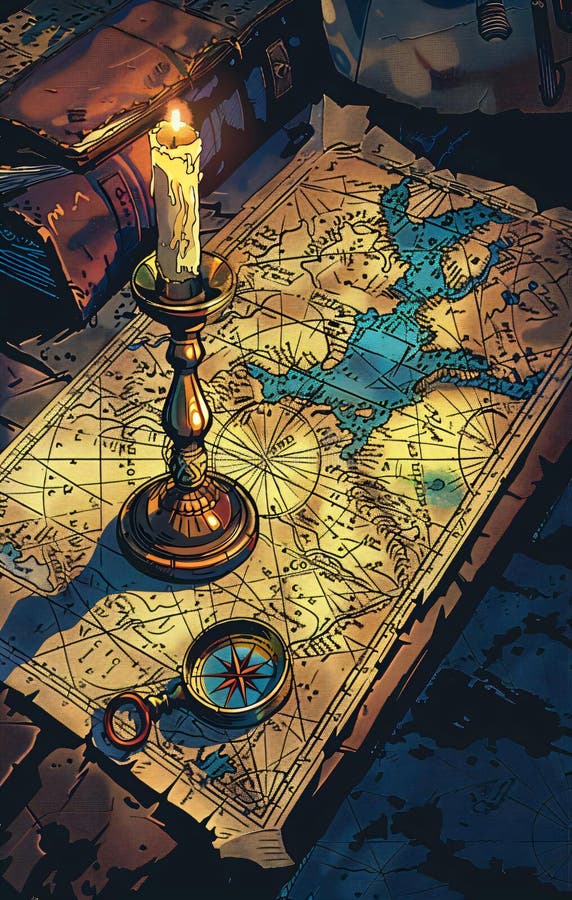 Candlelit Table Setting Features an Ancient Map Compass Book Evoking ...