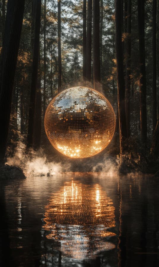 In the Center of the Image, a Large Mirrored Disco Ball Floats, Light ...