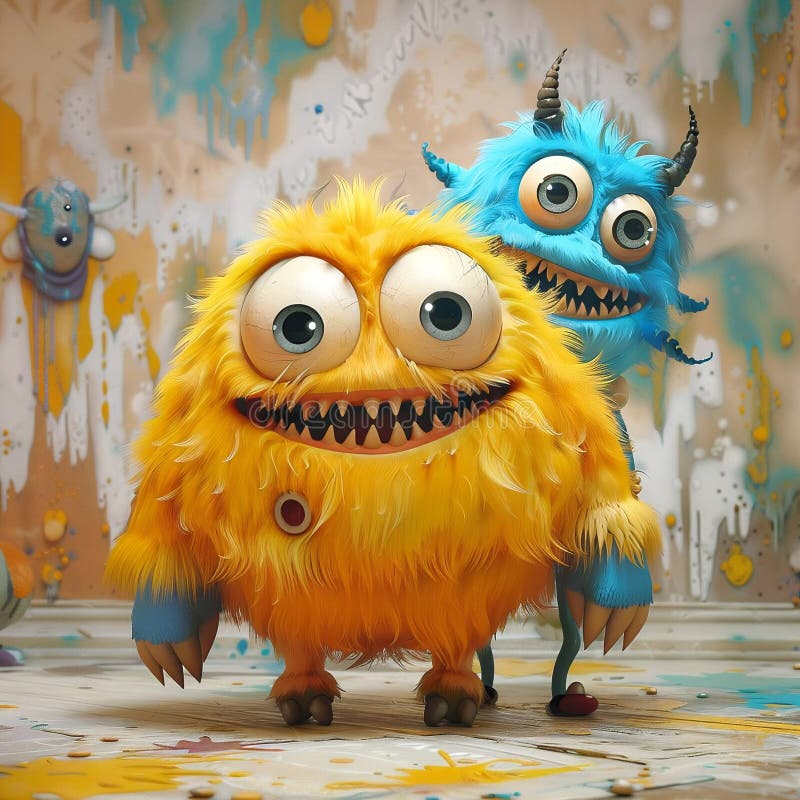Two Whimsical Creatures, One Yellow with a Toothy Grin and the Other ...
