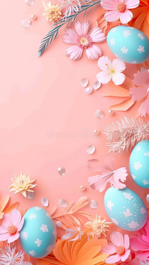 The Center of the Peach Background Features Multicolored Eggs and ...
