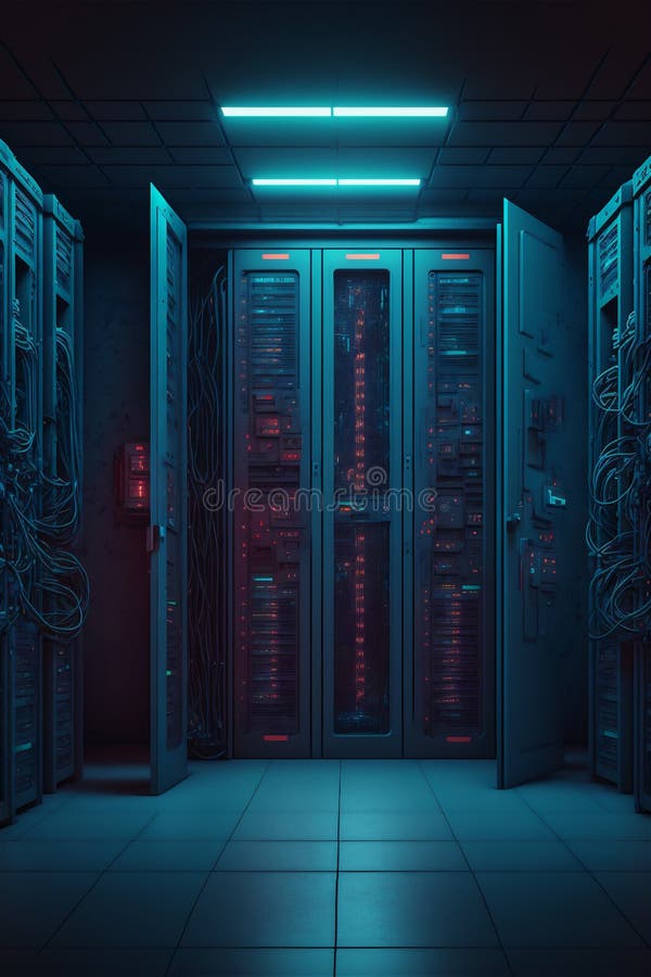 Center of Rack Equipment with Cable in Room with Big Data Cyber ...