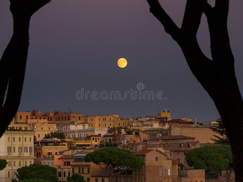 Center of Rome and Full Moon Stock Photo - Image of cityscape, moon ...