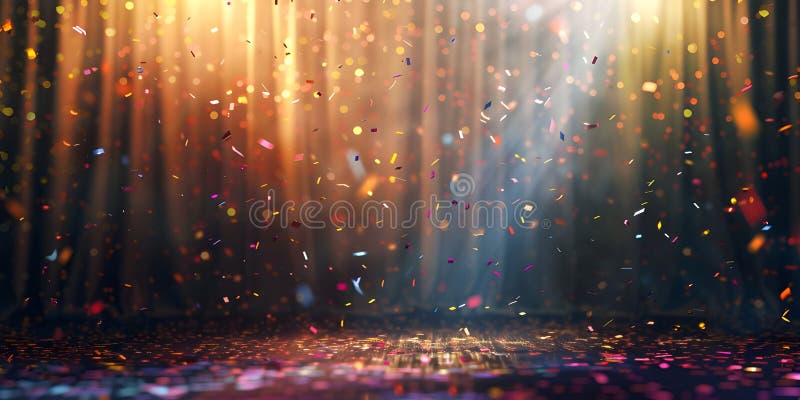 Center Stage: Spotlight on Curtain with Falling Confetti Background ...