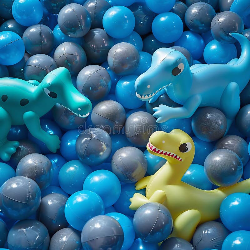 Three Inflatable Rubber Dinosaurs Playfully Interact in a Blue and Gray ...