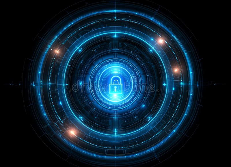 Centered within a Circular Technological Interface, a Bright Blue ...