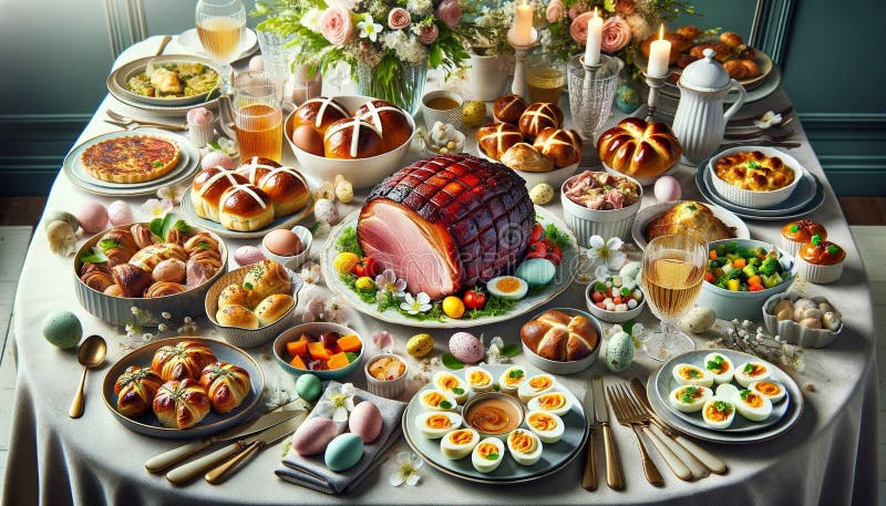 Elegant Dinner Table Set with Ham Centerpiece for Festive Occasion ...