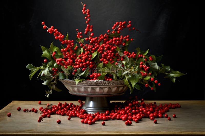 A Centerpiece of Holly and Red Berries on Table Stock Image - Image of ...