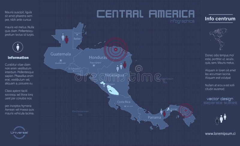 Central America Map, Separate Regions with Names, Infographics Blue ...