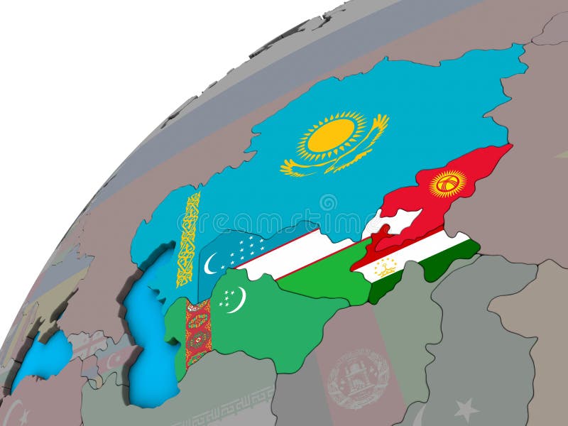 Central Asia with Flags on 3D Globe Stock Illustration - Illustration ...