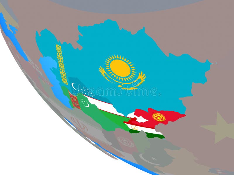 Central Asia with Flags on Globe Stock Illustration - Illustration of ...