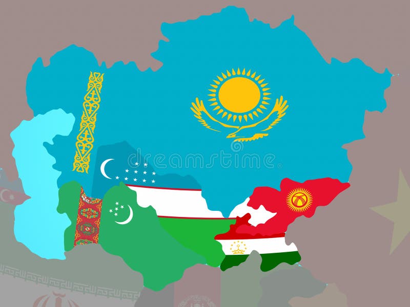 Central Asia with Flags on Map Stock Illustration - Illustration of ...