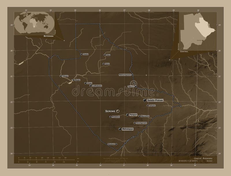 Central, Botswana. Sepia. Labelled Points of Cities Stock Illustration ...