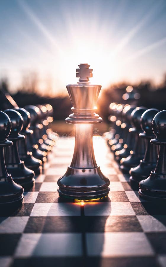 The Central Chess Piece, a King, is Dramatically Backlit by the Setting ...