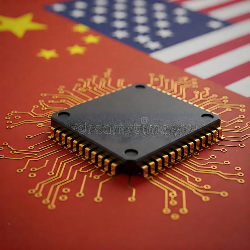 Central Computer Chip with Golden Connections on a Background Merging ...