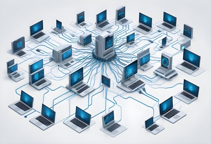 A Central Computer is Connected To Numerous Laptops with Blue Wires ...