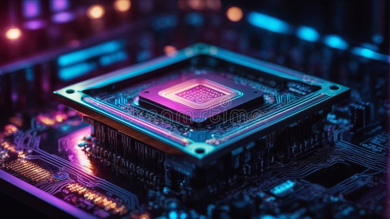 Central Computer Processor with Neon Lights Integrated Microchip ...