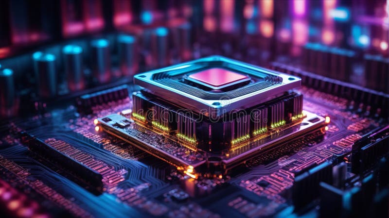 Central Computer Processor with Neon Lights Integrated Microchip ...